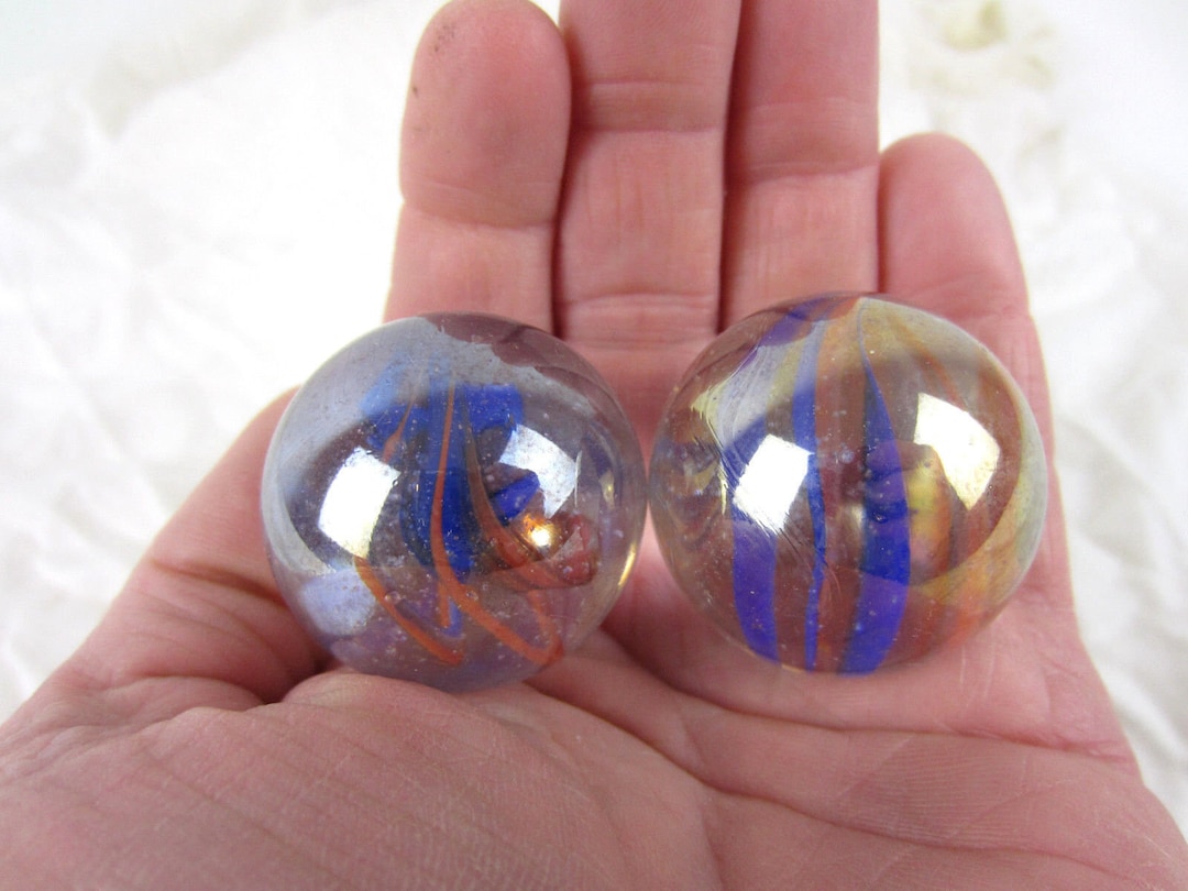 2 Boulders 35mm FUNFAIR Marbles Glass Ball Clear Red Blue Ribbon 6 Vane ...