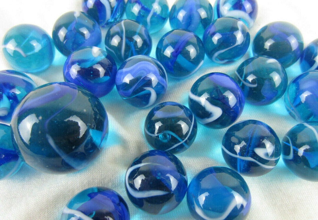 25 Glass Marbles BLUE JAY Game Pack Vtg Style Clear Translucent Shooter ...