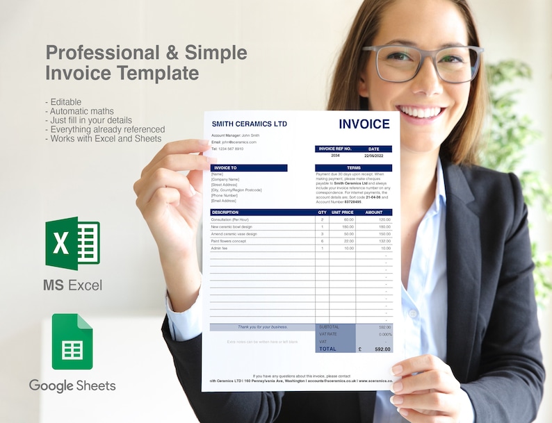 Invoice Template - Excel and Google Sheets, Simple Professional ...