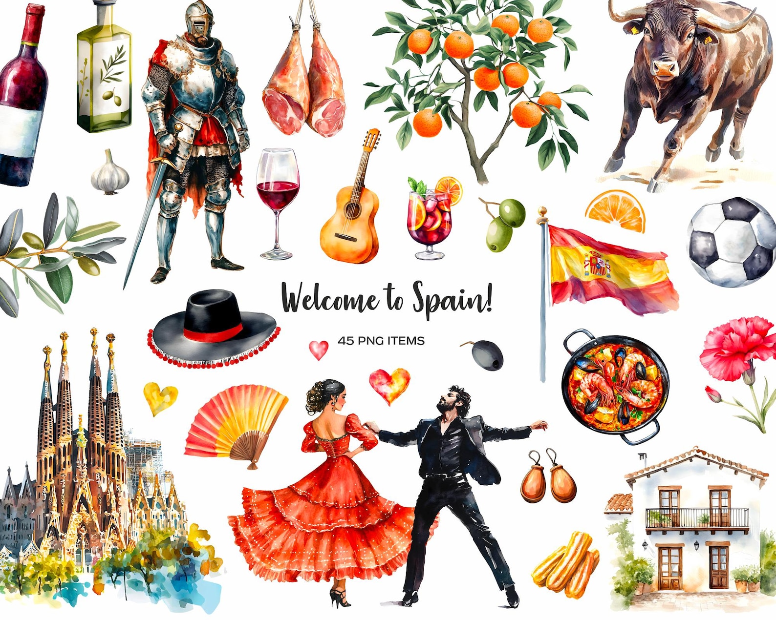 Watercolor Spain Clipart: Spanish Symbols, Barcelona, Madrid (PNG ...