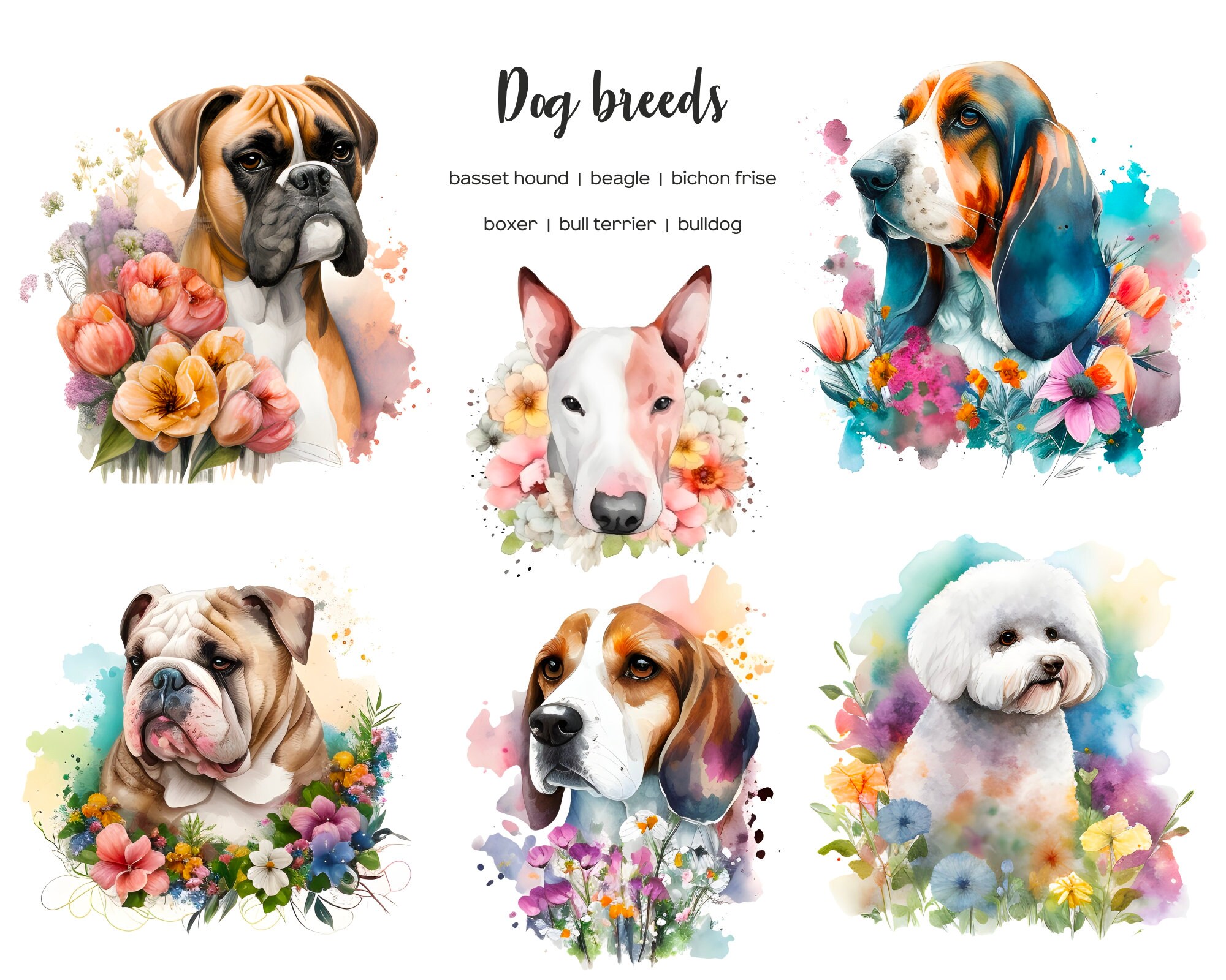 Watercolor Dog Breeds Clipart: Floral Dogs, 39 PNG (digital Download ...