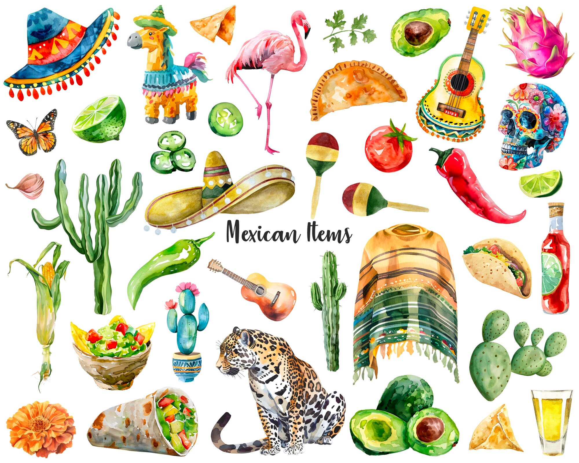 Watercolor Mexico Clipart: Fiesta Party Set (40+ PNG) - Etsy