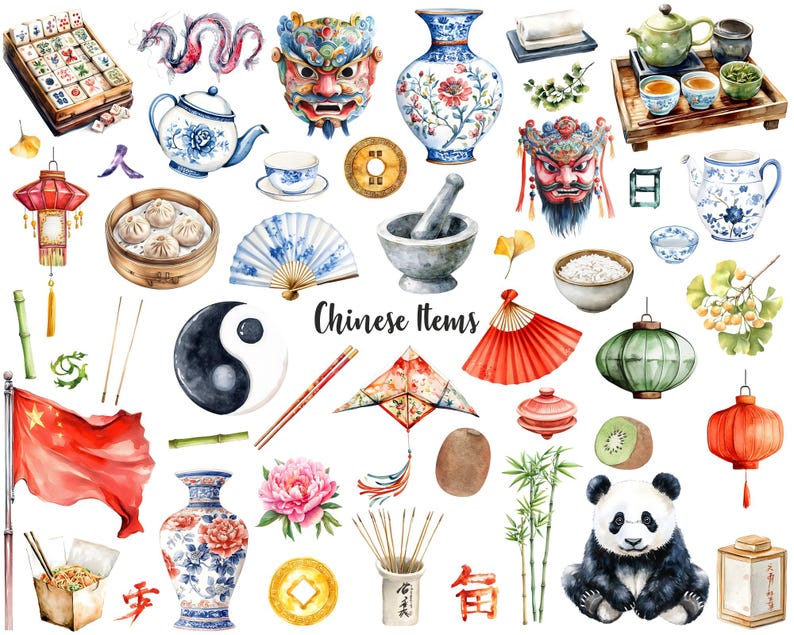 Watercolor China Clipart: Chinese Elements & Symbols (PNG, 300 DPI) - Etsy