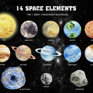 Watercolor Solar System Planets Clipart, Outer Space Galaxy ...