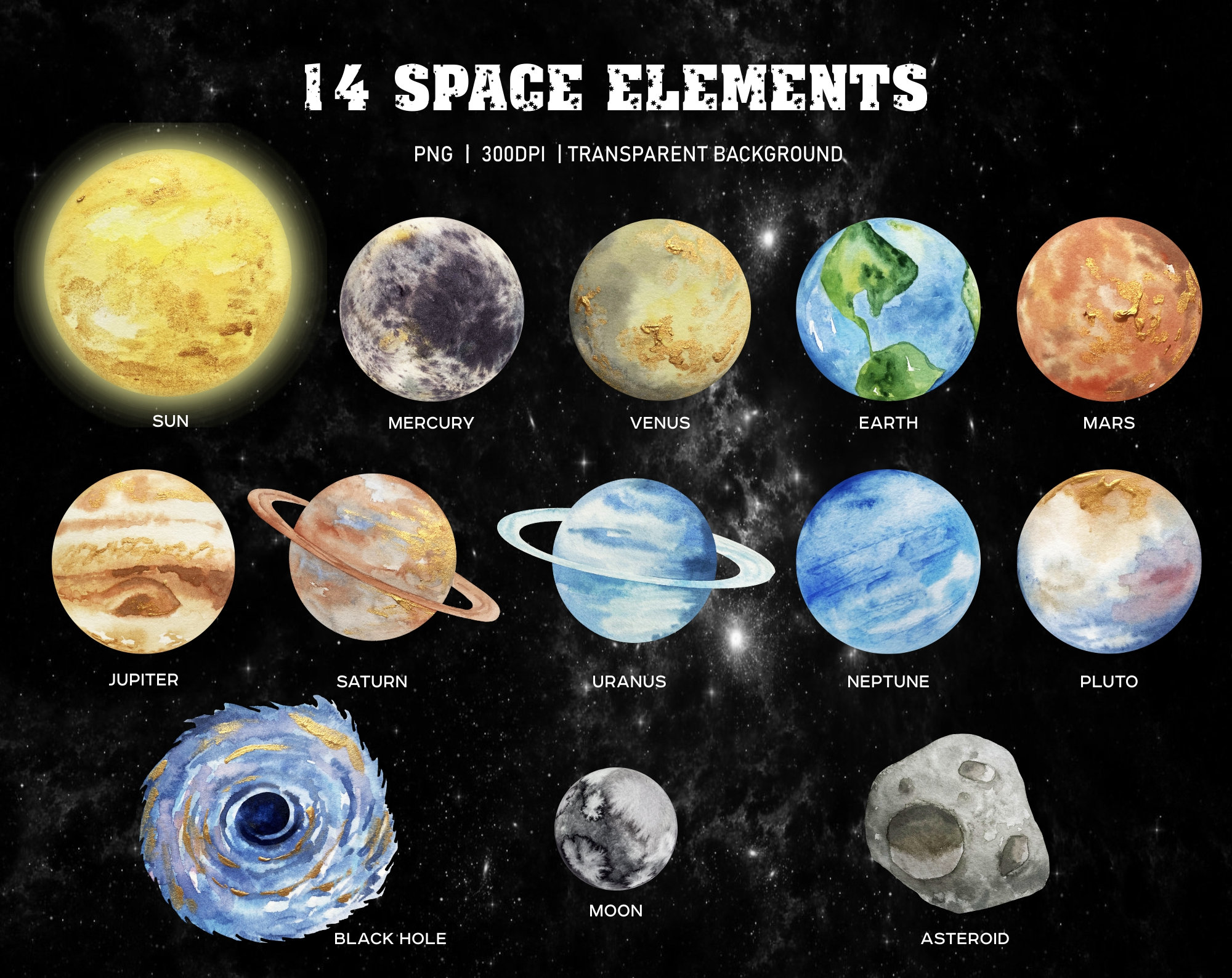 Watercolor Solar System Planets Clipart, Outer Space Galaxy ...