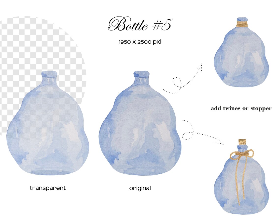 Watercolor Bottle Clipart. Blue Glass Bottles Clip Art. Empty Bottle ...