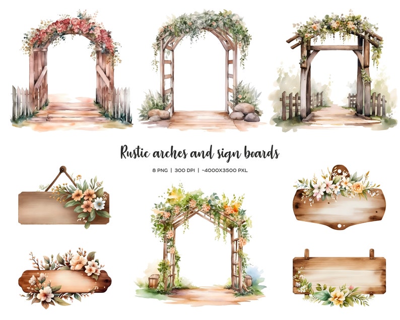 Watercolor Rustic Wedding Clipart: Bride, Groom, Decor (48 PNG ...