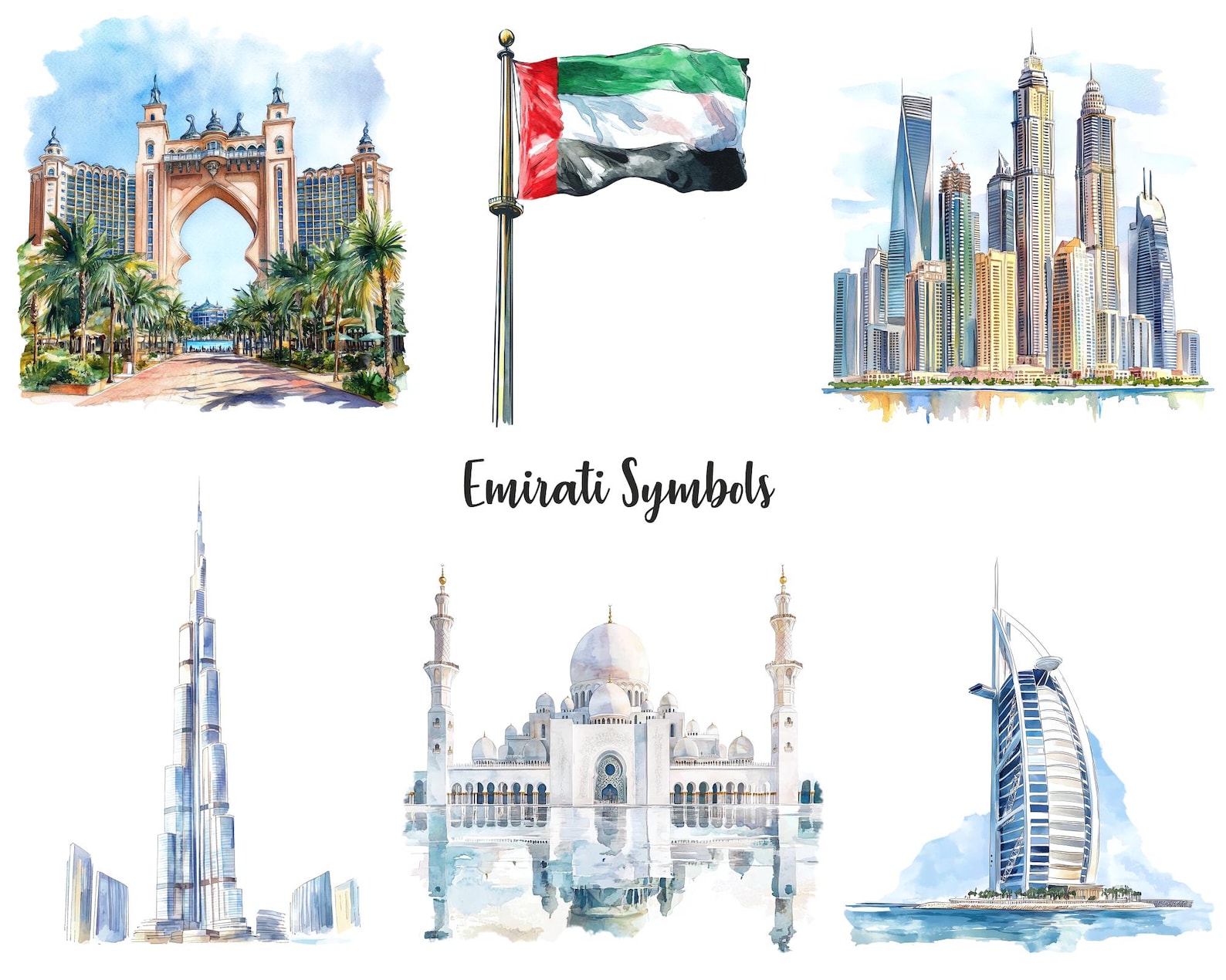 Watercolor UAE Clipart: Emirati Symbols, Dubai & Abu Dhabi (PNG Digital ...