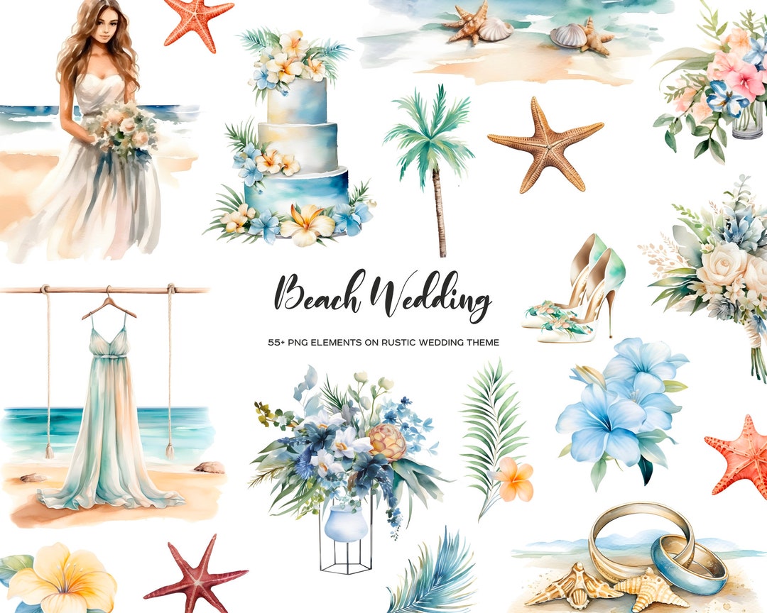 Watercolor Beach Wedding Clipart. Beach Wedding Theme Clip Art. Sea and ...