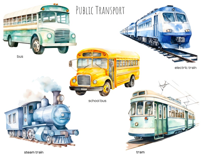Watercolor Vehicle Clipart: Transport Set With Backgrounds (digital ...