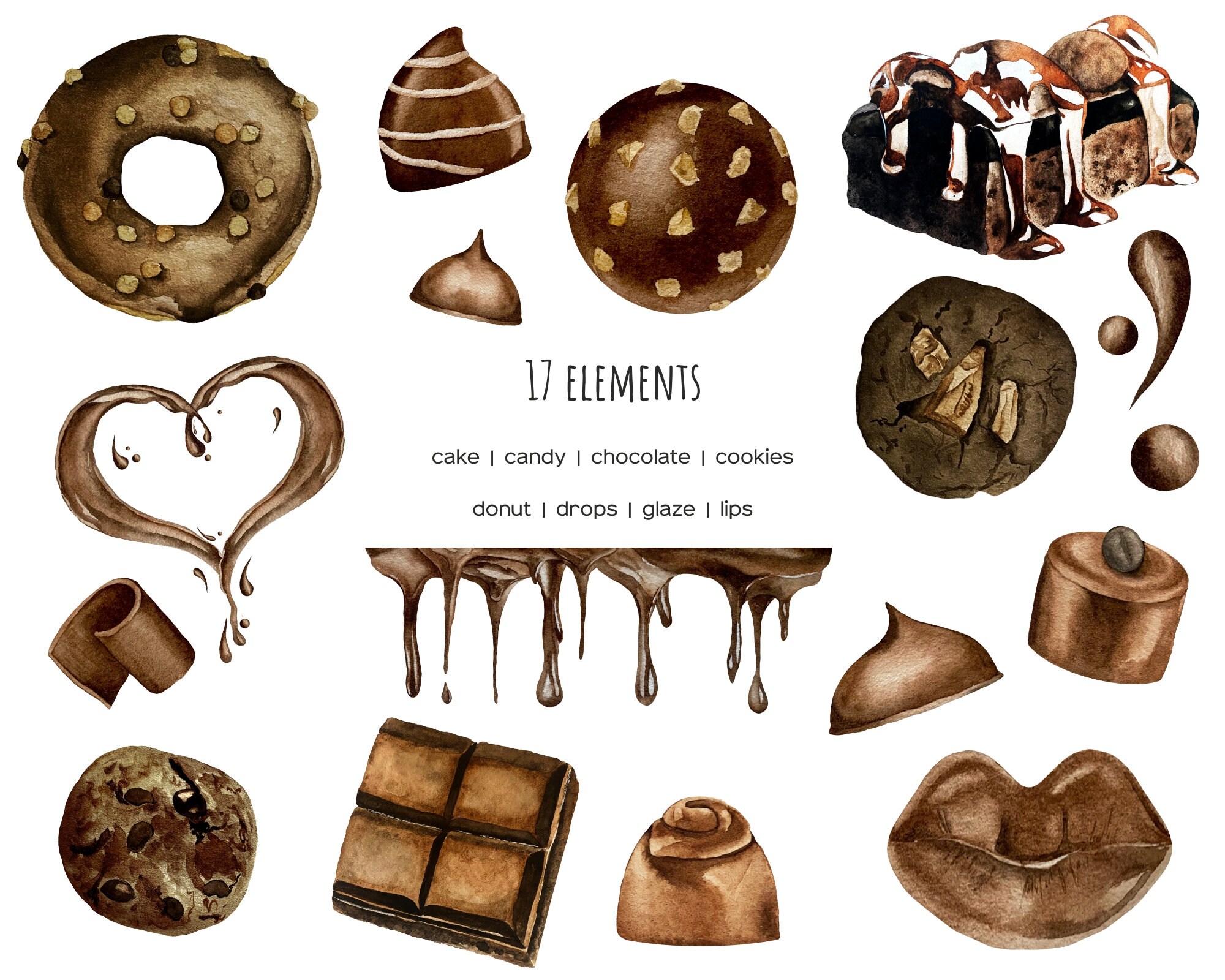 Watercolor Chocolate Clipart. Chocolate Sweet, Cake, Candy, Drop Clip ...