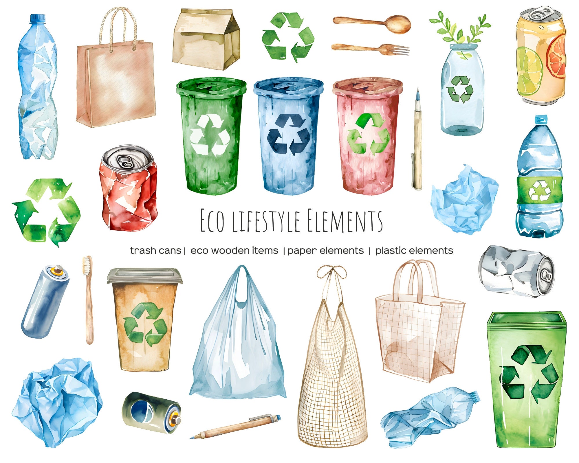 Watercolor Eco Lifestyle Clipart: Zero Waste PNG Set - Etsy
