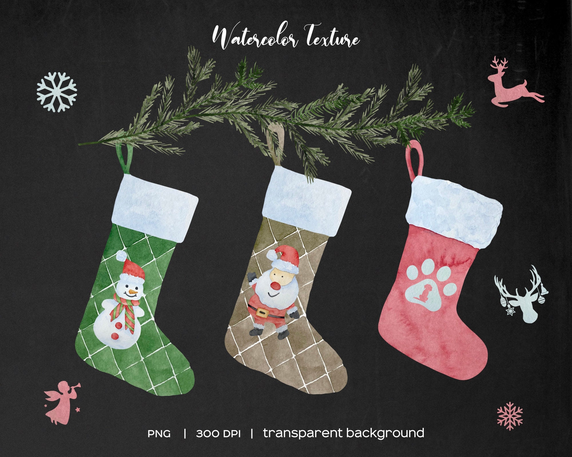 Watercolor Christmas Stockings Clipart: Family Socks PNG (30 Elements ...