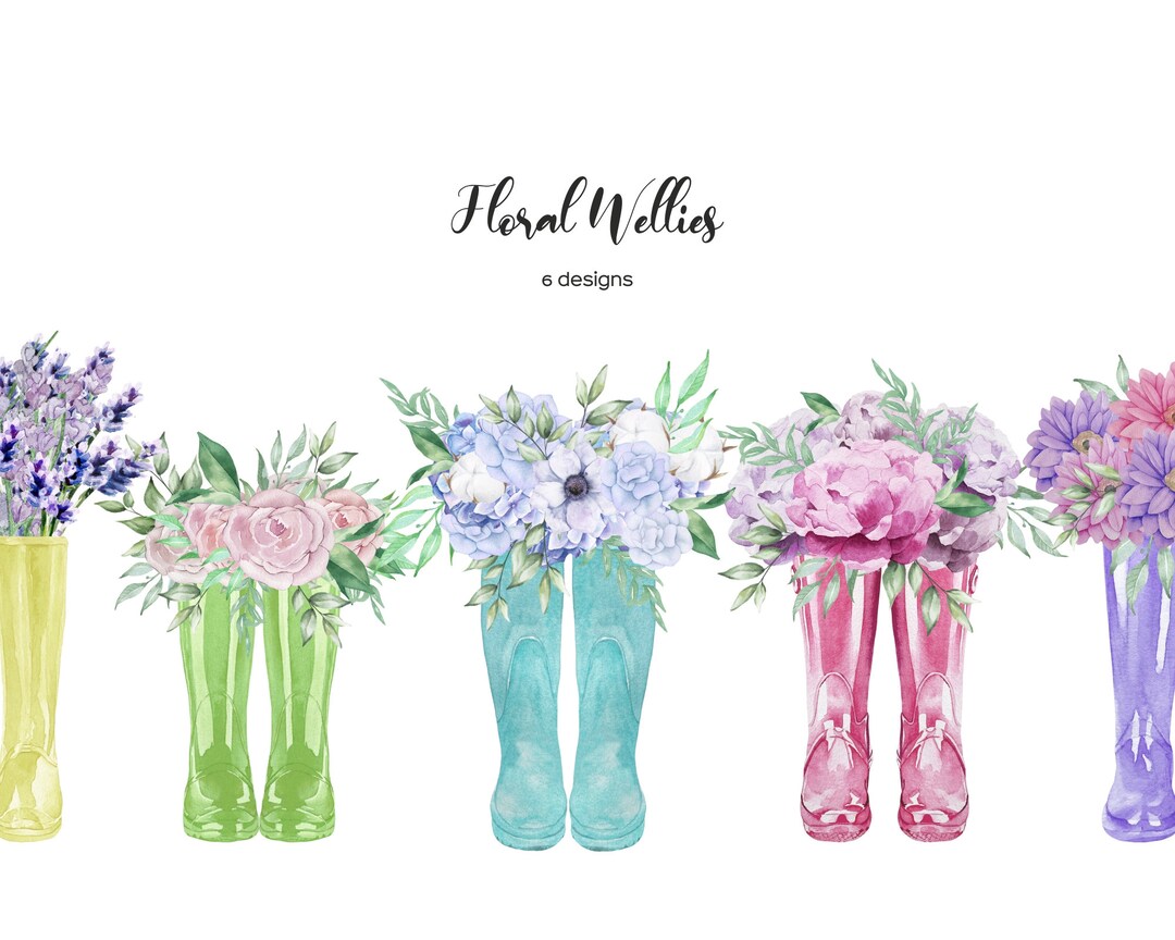 Watercolor Wellies With Flowers Clipart. Floral Rain Boots - 6 PNG ...