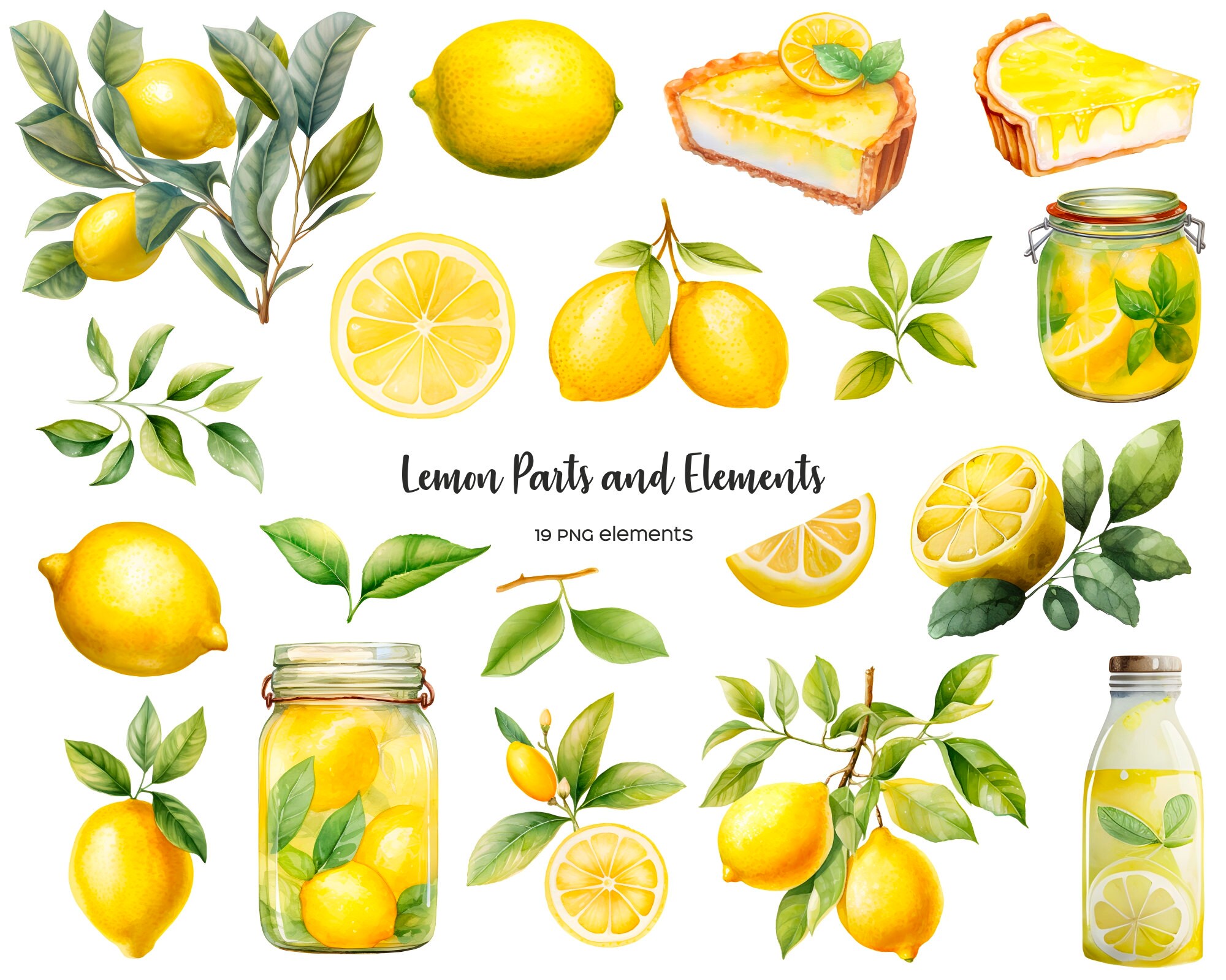 Watercolor Lemon Clipart: Fruits, Leaves, Desserts (19 PNG) - Etsy