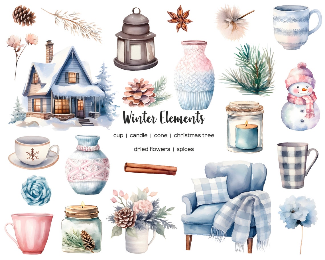 Watercolor Winter Clipart: Cozy Christmas Graphics (PNG) - Etsy