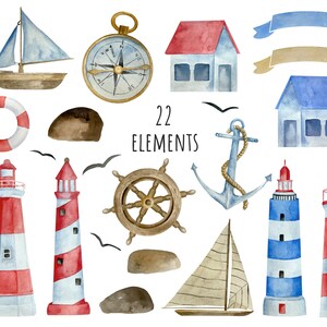 Watercolor Nautical Clipart. Marine Elements Clip Art Lighthouse ...