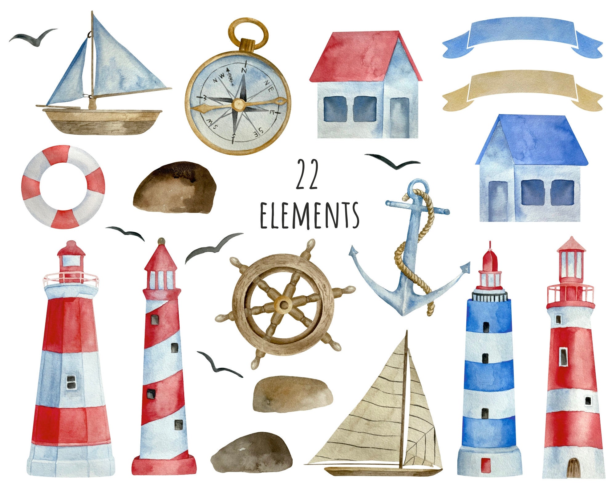 Watercolor Nautical Clipart. Marine Elements Clip Art Lighthouse ...