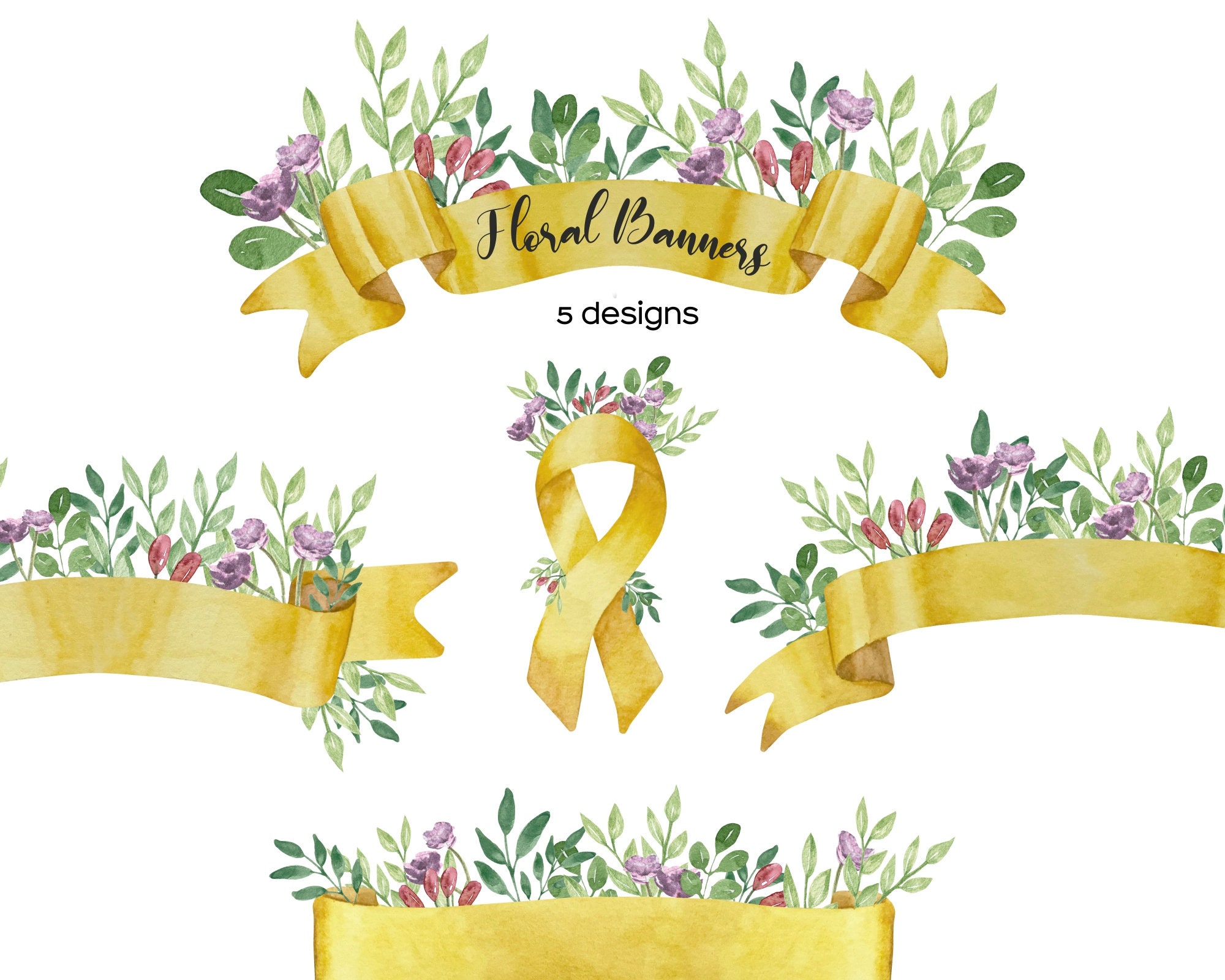 Watercolor Gold Ribbons Clipart: Floral Banners (PNG) - Etsy