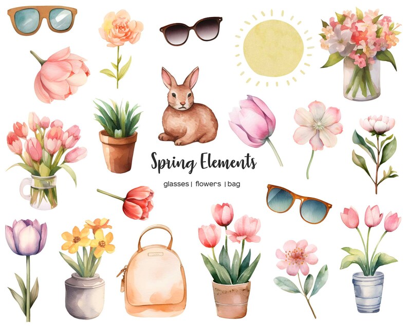 Watercolor Spring Clipart Bundle: Clothes, Flowers (41 PNG) (digital ...