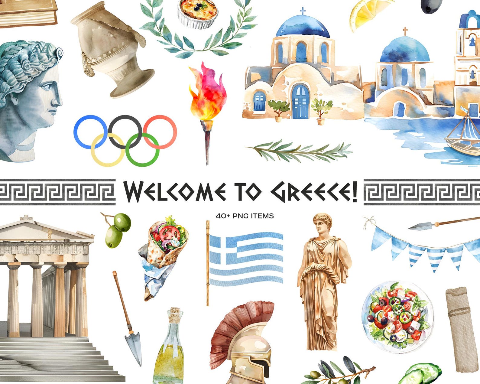 Watercolor Greece Clipart: Greek Landmarks & Symbols (42 PNG) - Etsy