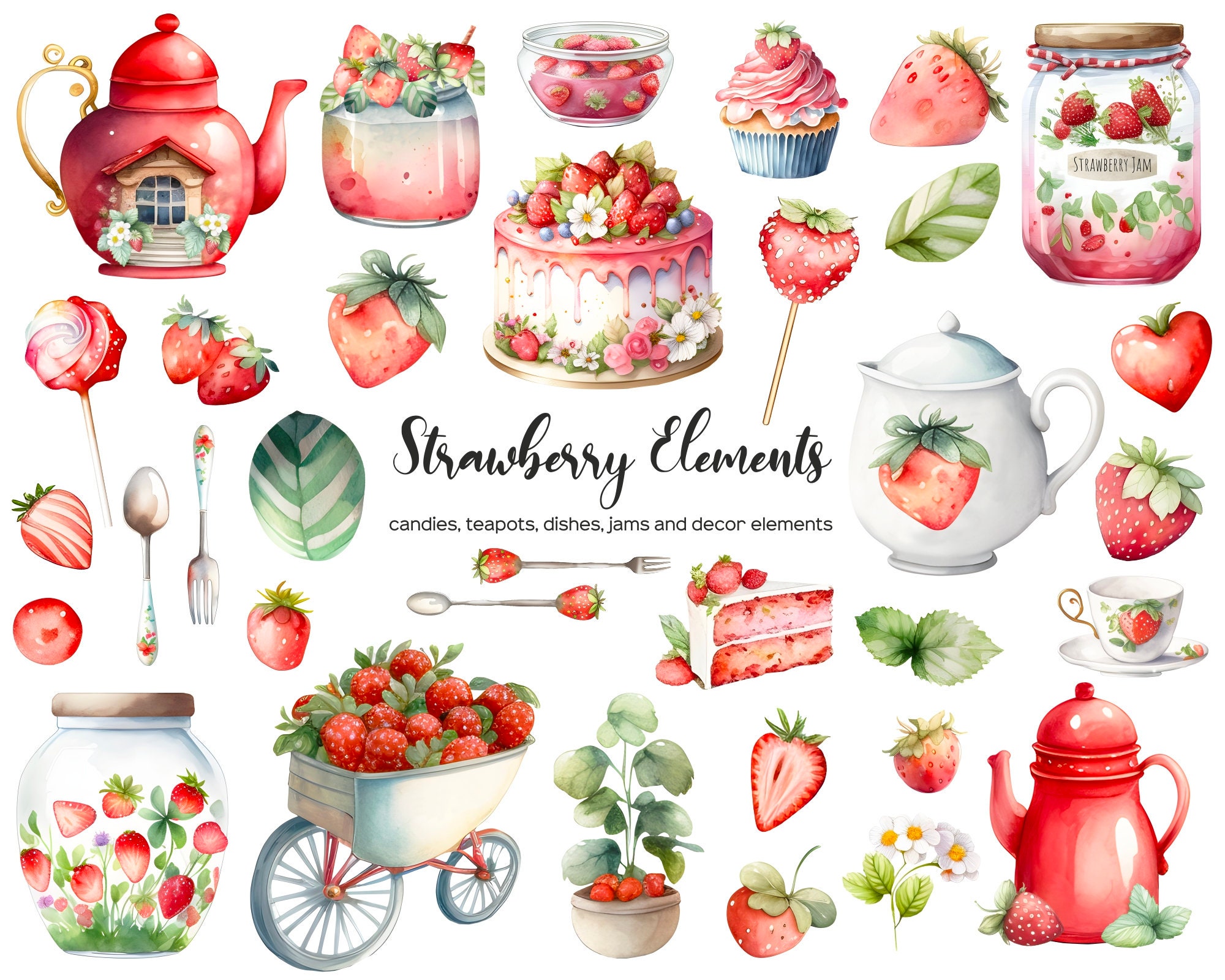 Watercolor Strawberry Tea Party Clipart: Nursery Teapot Set (PNG) - Etsy