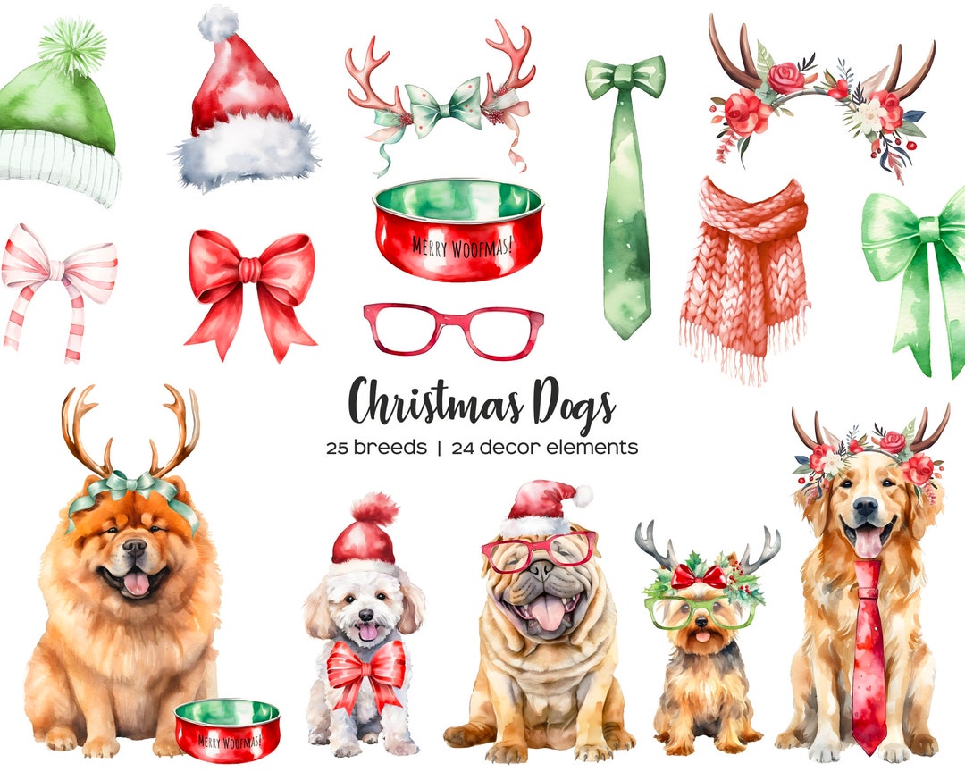 Watercolor Christmas Dog Clipart. Xmas Dogs Clip Art. Dog in Santa Hat ...