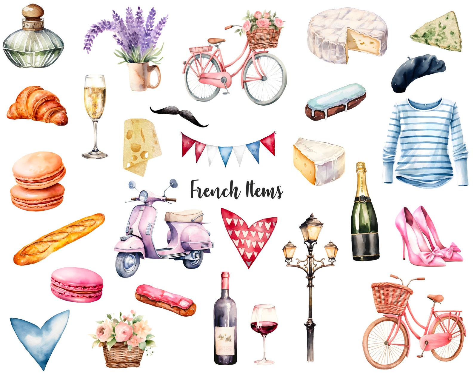 Watercolor Paris Clipart: French Symbols, Eiffel Tower (37 PNG) - Etsy