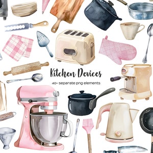 Watercolor Kitchen Utensil Clipart: 42 PNG Cooking Equipment (digital ...
