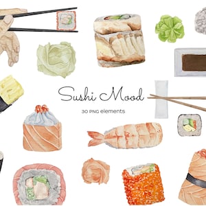 Watercolor Sushi Clipart: Japanese Food Illustrations (30 PNG) - Etsy