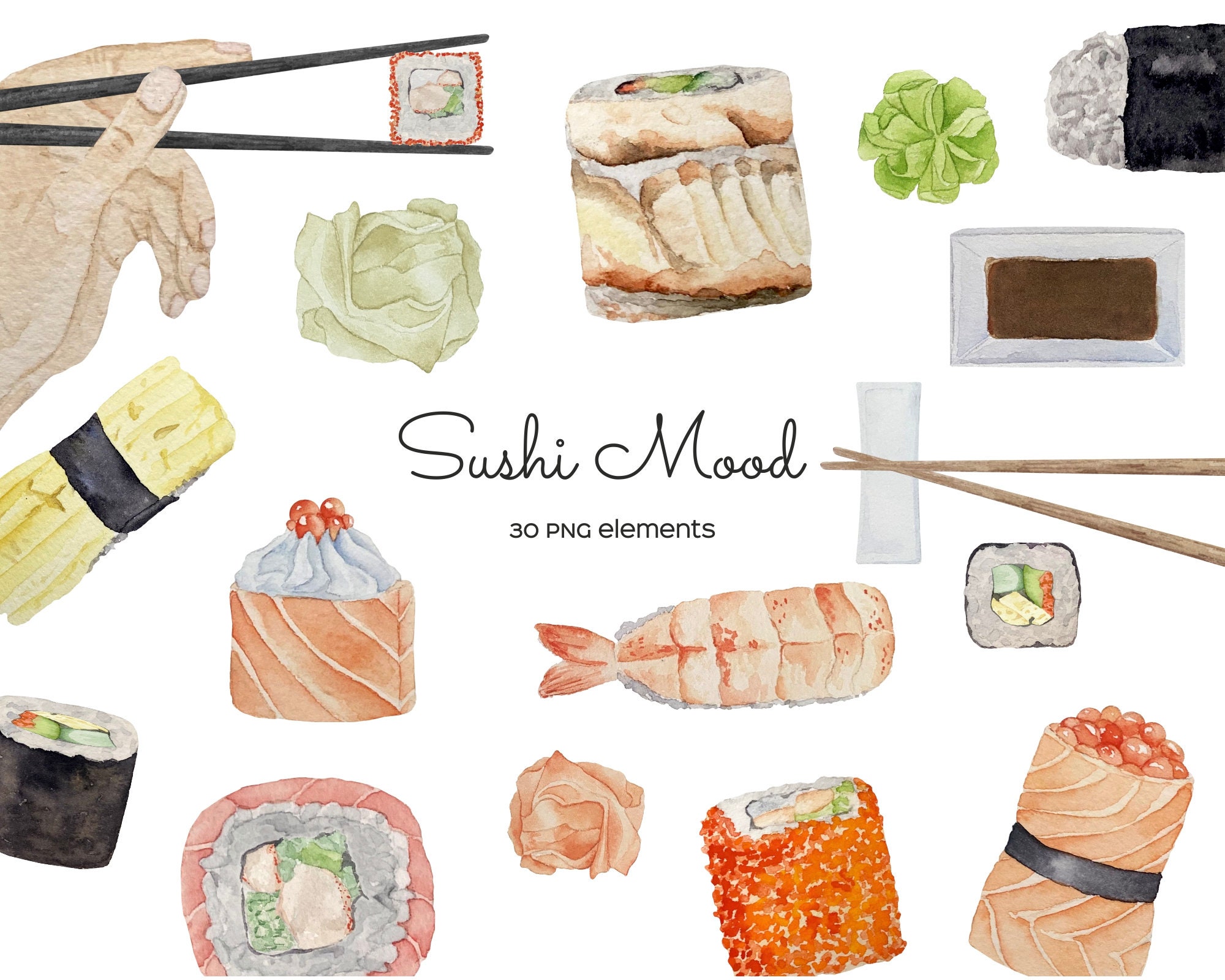 Watercolor Sushi Clipart: Japanese Food Illustrations (30 PNG) - Etsy