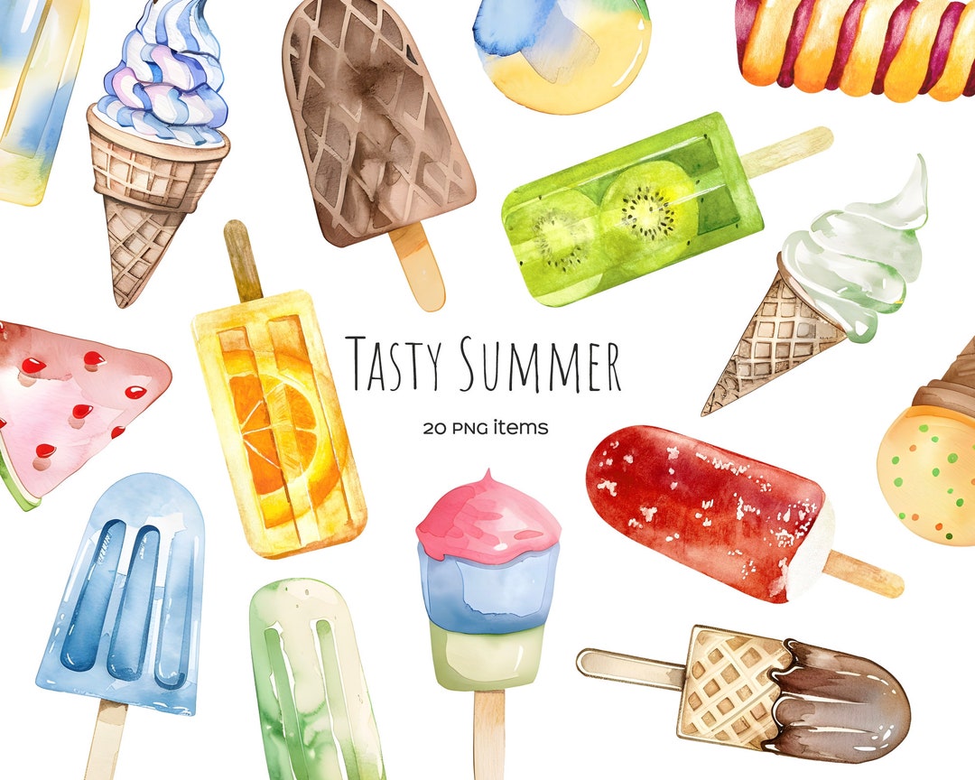 Watercolor Ice Cream Clipart: Summer Food PNG Bundle (20 Items) - Etsy