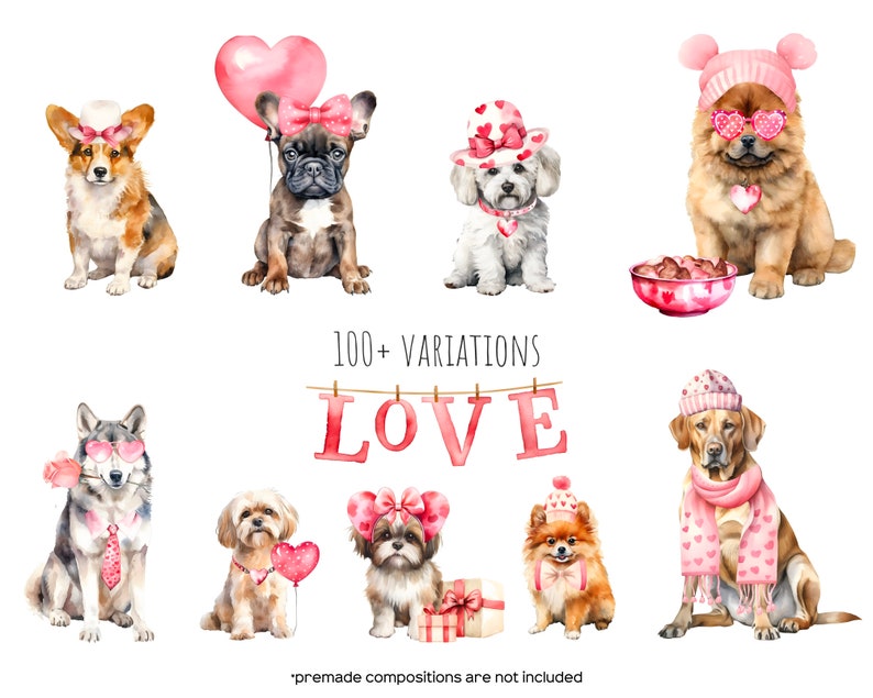 Watercolor Valentine Dog Clipart: 31 Breeds, Decor Elements (PNG ...