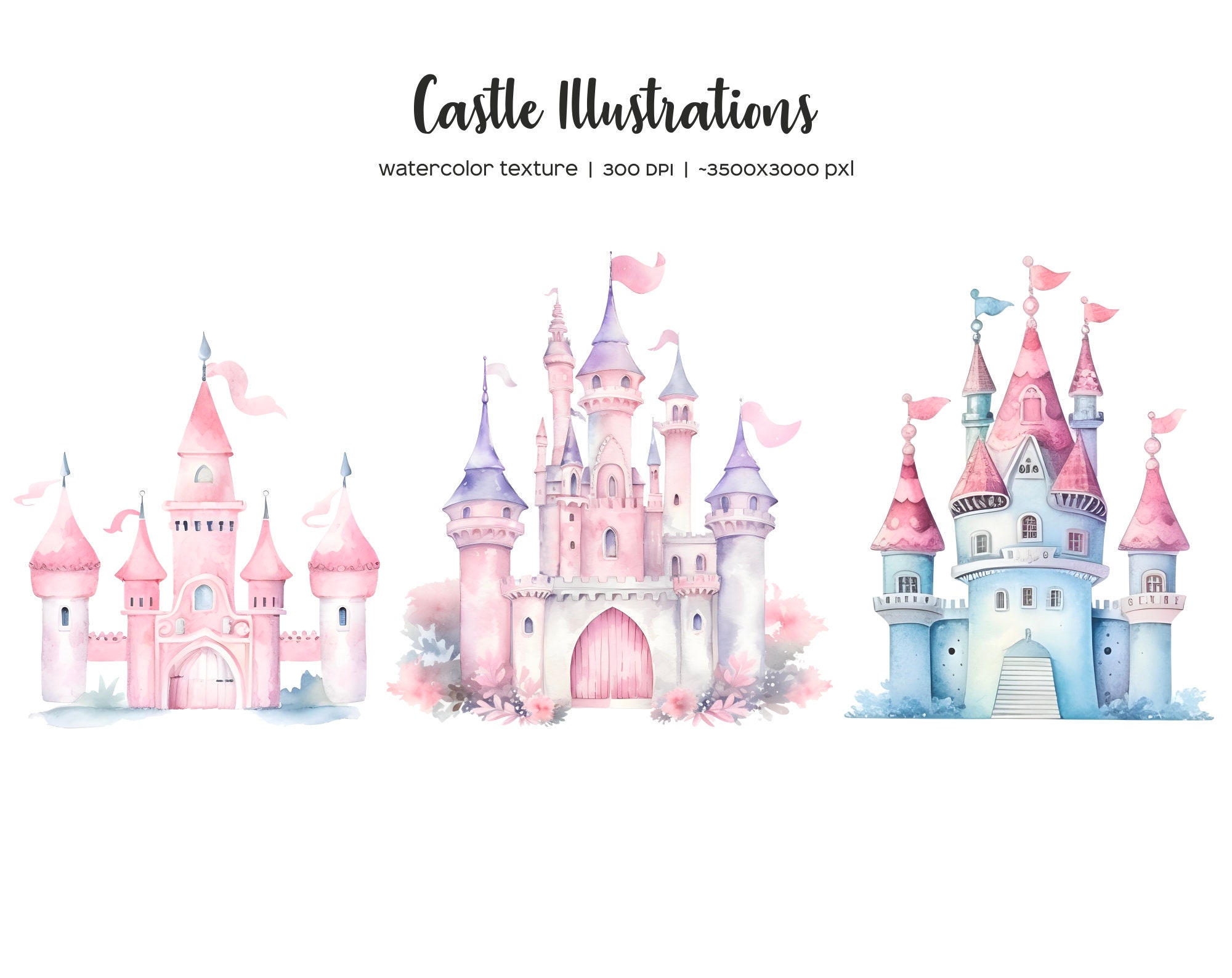 Watercolor Fairytale Castle Clipart. Princess Pink and Purple Castles ...