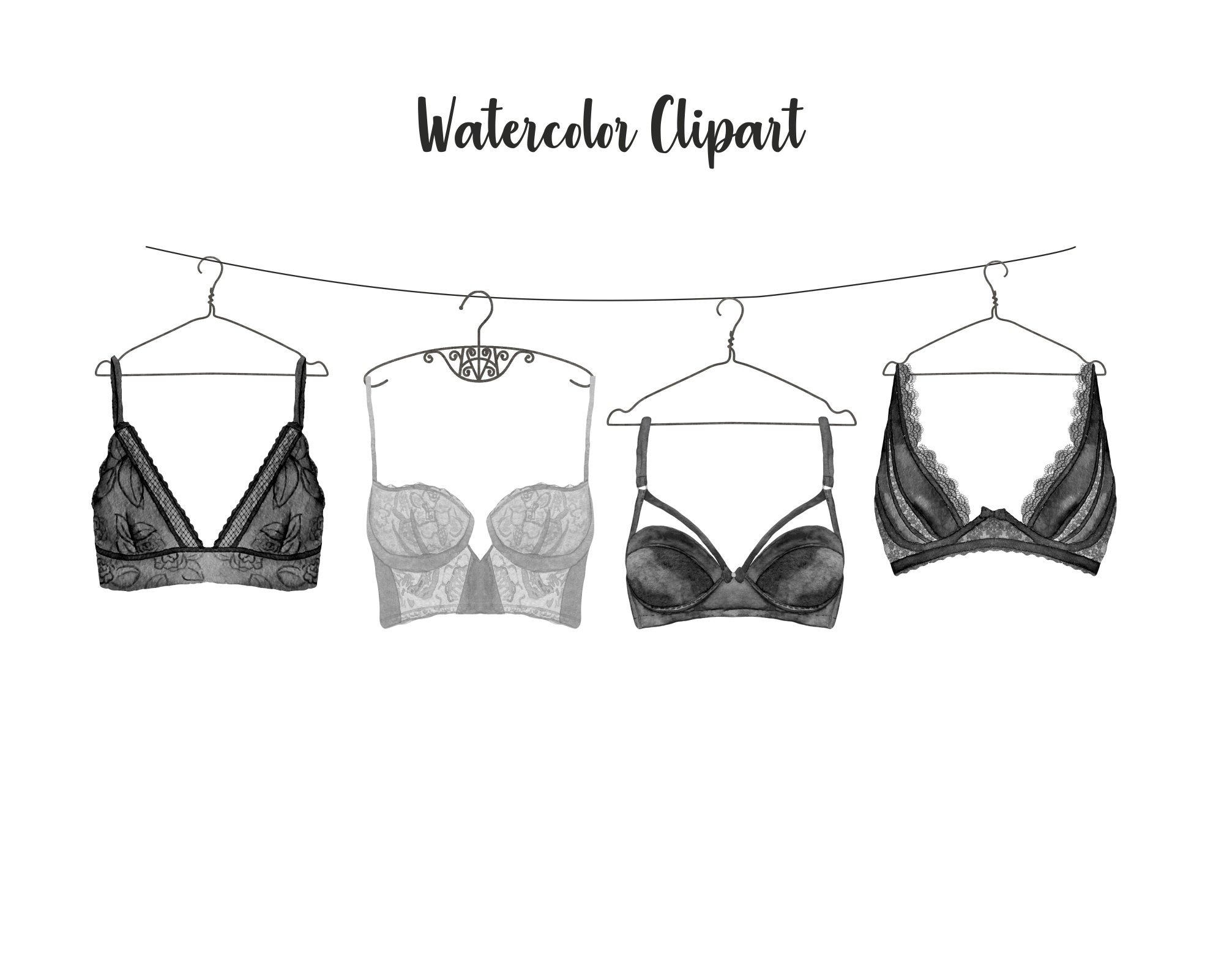 Watercolor Lingerie Clipart. Black and White Underwear Clipart ...