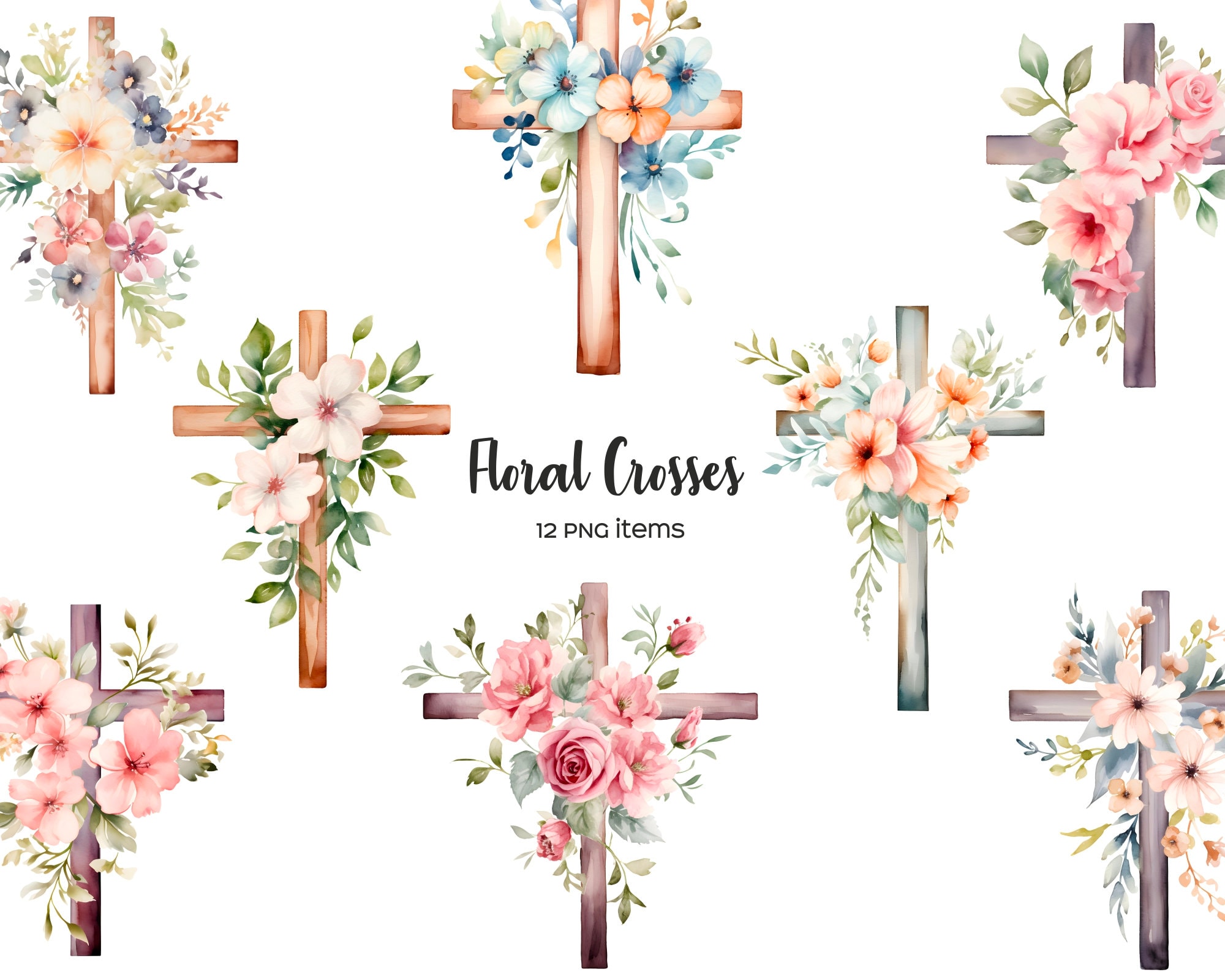 Watercolor Floral Cross Clipart: Easter Greenery PNG (12 Items) - Etsy