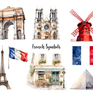 Watercolor Paris Clipart: French Symbols, Eiffel Tower (37 PNG) - Etsy