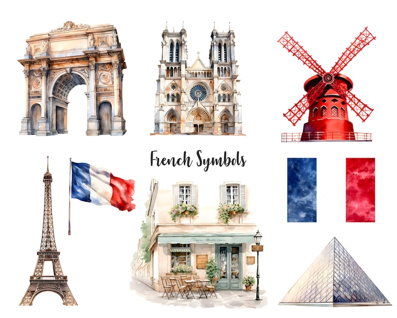 Watercolor Paris Clipart: French Symbols, Eiffel Tower (37 PNG) - Etsy