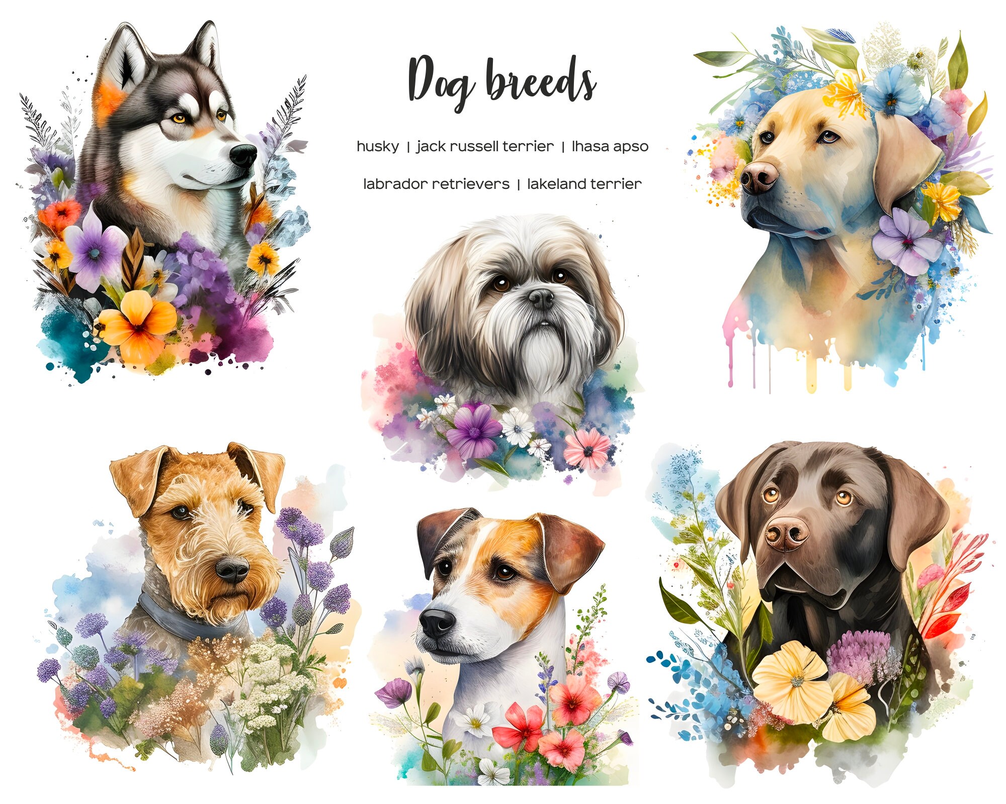 Watercolor Dog Breeds Clipart: Floral Dogs, 39 PNG (digital Download ...