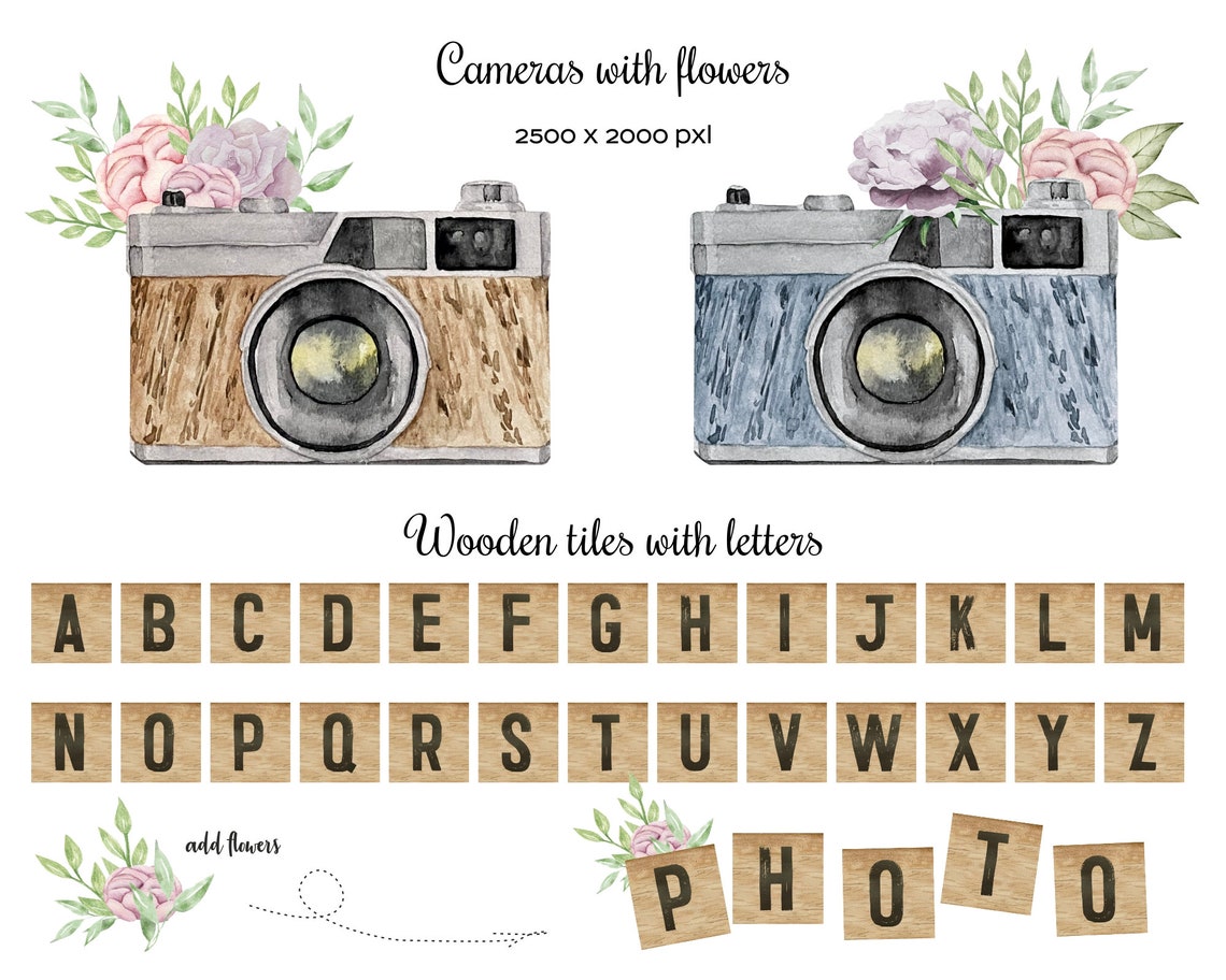 Watercolor Camera With Flowers Clipart. Floral Retro Camera - Etsy