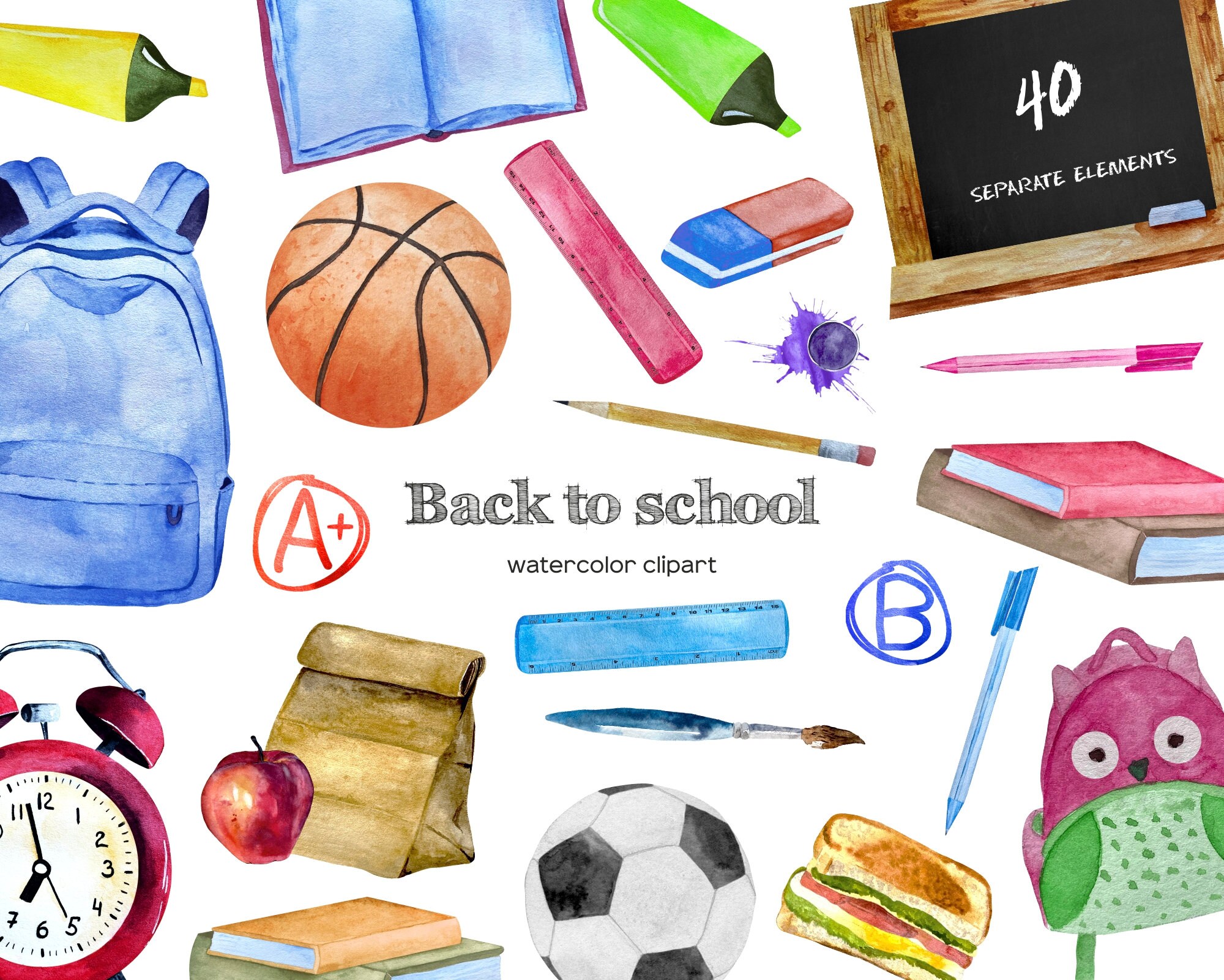 Watercolor School Clipart. Back to School Images - Watercolor Backpack ...