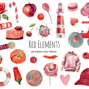Watercolor Red Things Clipart. Learning Red Color Clipart. Educational ...