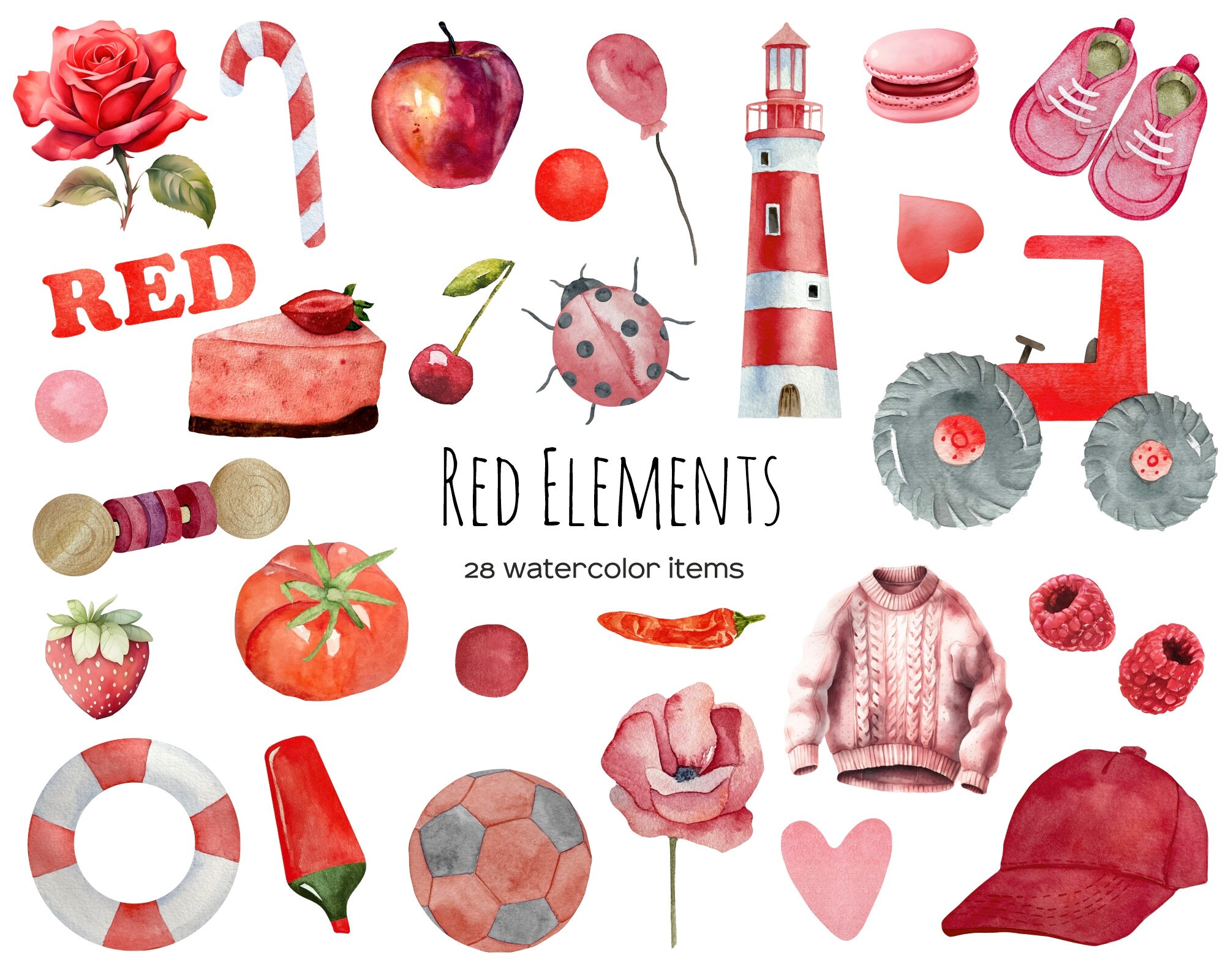 Watercolor Red Things Clipart: Kids Learning Elements (34 PNG) - Etsy