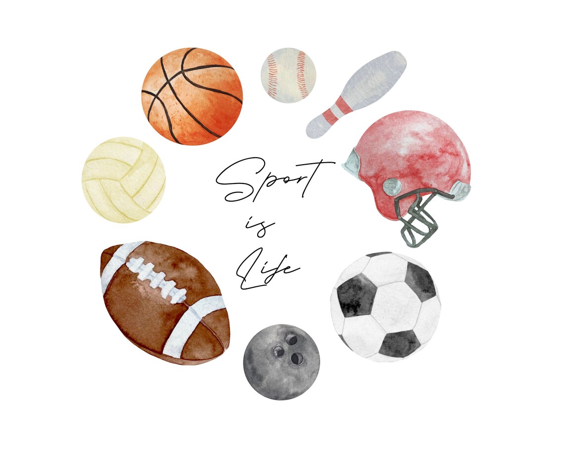 Watercolor Sport Items Clipart. Football Baseball Rugby Sport Equipment ...