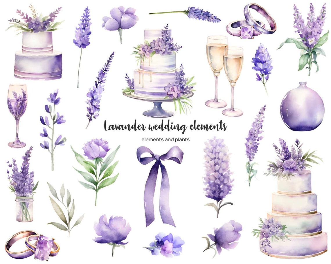 Watercolor Lavender Wedding Clipart: Bride, Groom, Decor (PNG) (digital ...