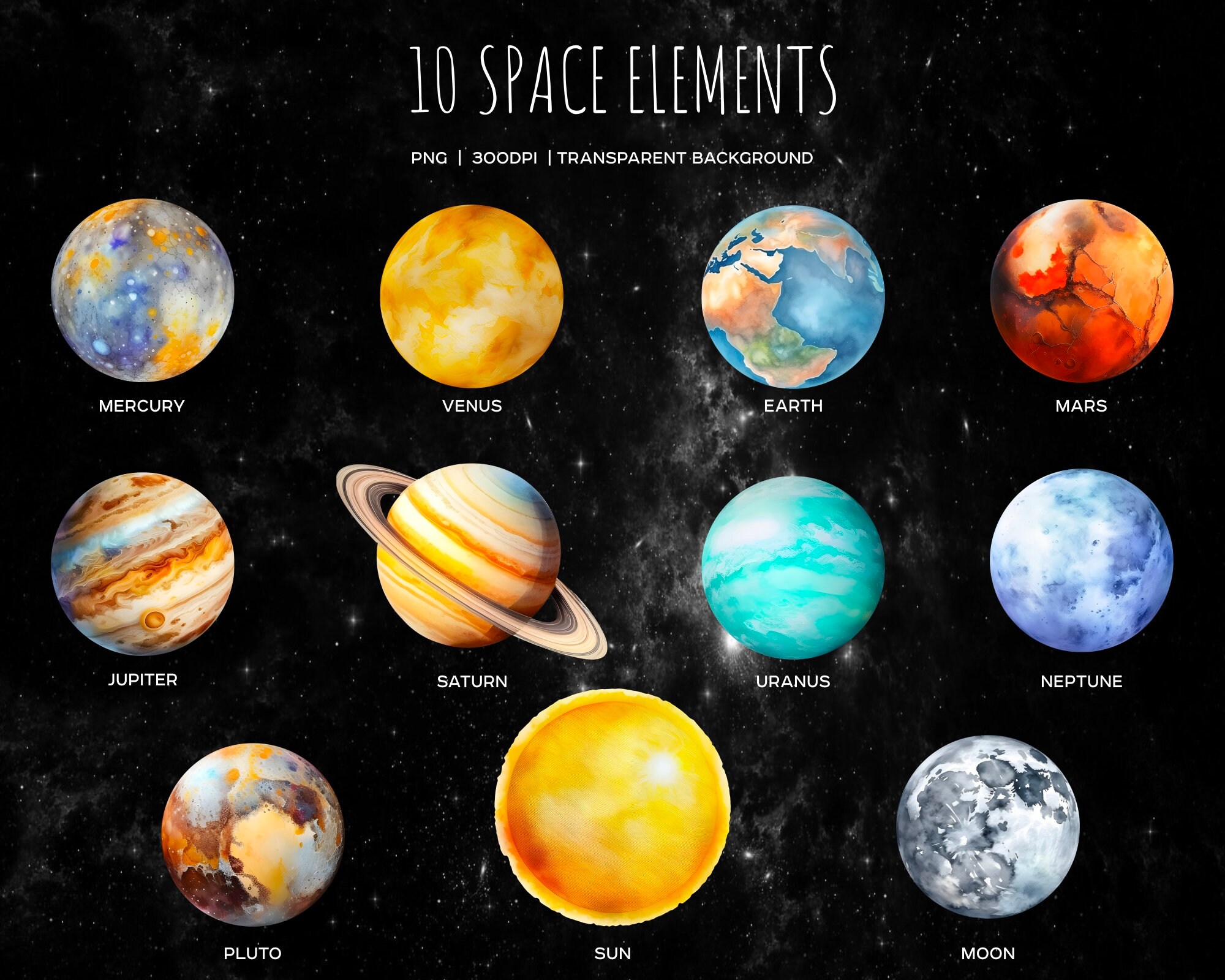Watercolor Planets Clipart. Solar System Clip Art. Outer Space Galaxy ...