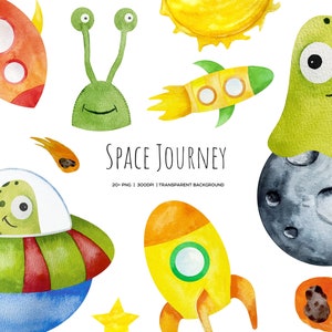 Watercolor Alients Clipart. Outer Space Clipart. Spaceship and Rocket ...