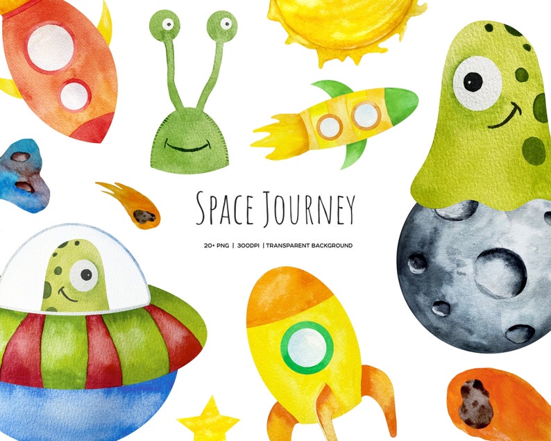 Watercolor Alients Clipart. Outer Space Clipart. Spaceship and Rocket ...