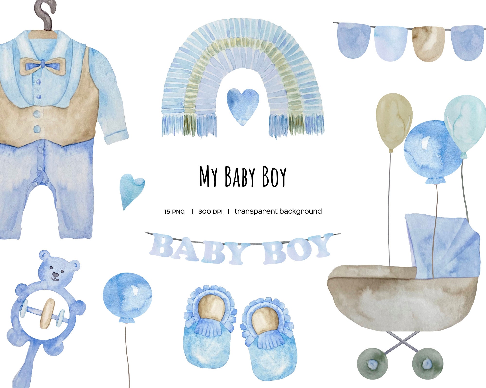 Watercolor Baby Boy Clipart. Blue Boy Elements Clip Art. Baby Boy Birth ...