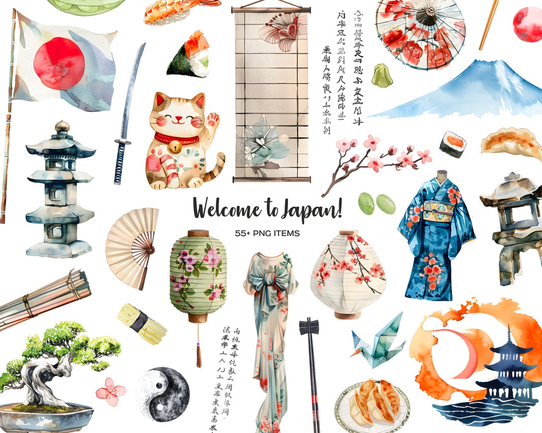 Watercolor Japan Clipart: Japanese Elements & Symbols (PNG, Digital ...